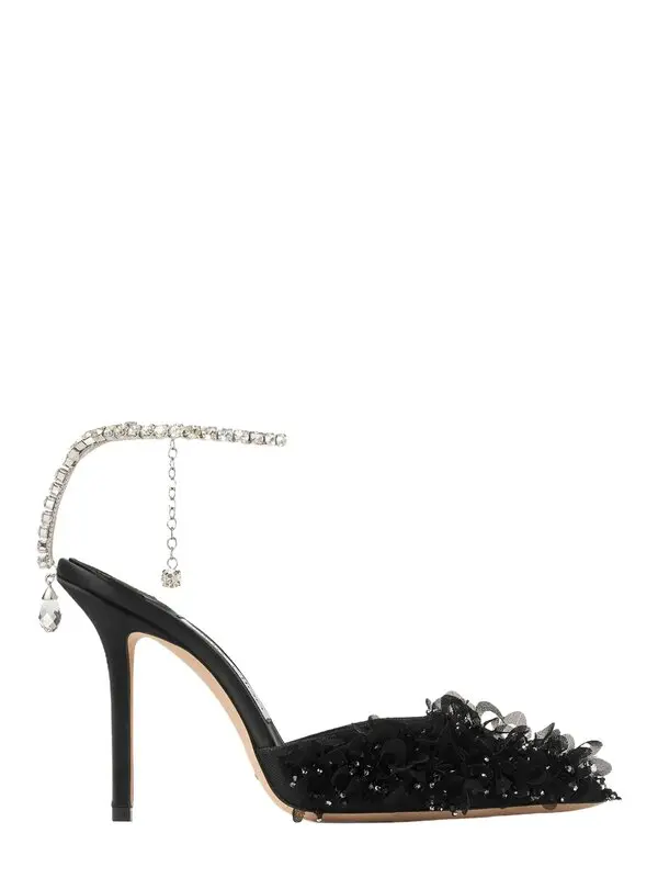JIMMY CHOO Mesh Pumps With Petal Embroidery And Crystal Chain - Black