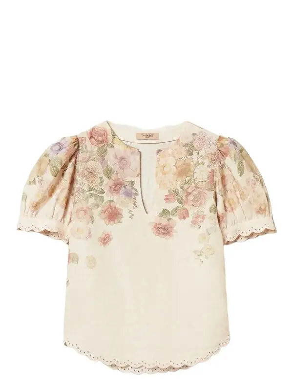 TWINSET Floral Embroidered V-neck Puff Sleeve Top - White