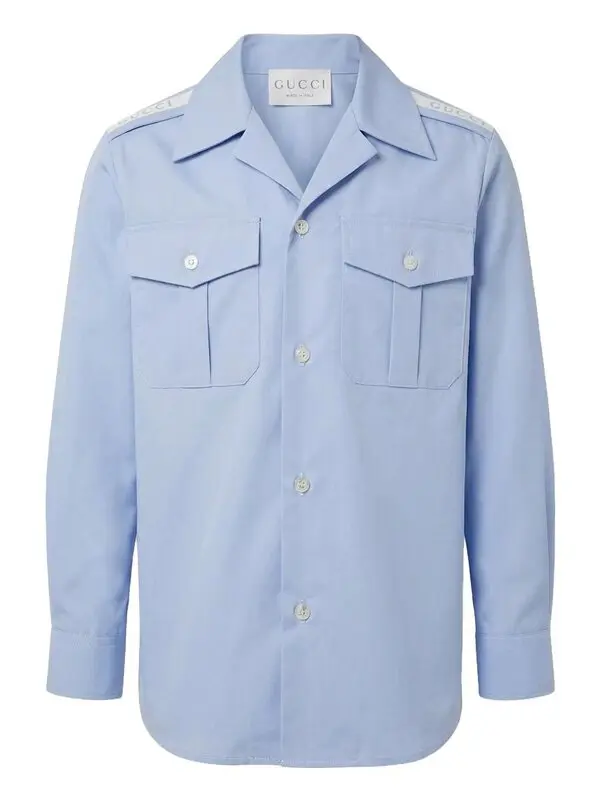 Gucci Logo Embellished Lapel Collar Shirt - Light Blue