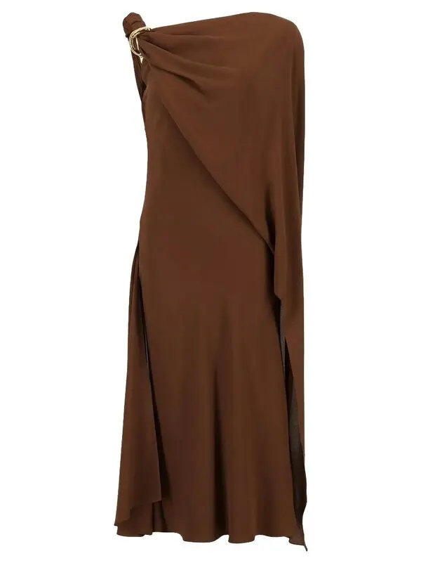 Gucci Asymmetrical Neckline Silk Midi Dress With Gold Accents And Cutout - Brown