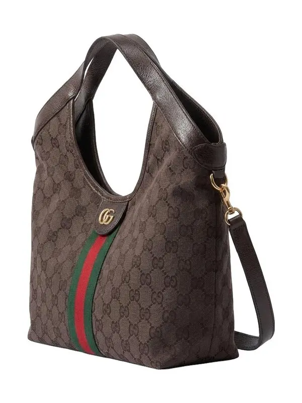 Gucci Small Tote Bag With Monogram And Web Stripe - Dark Brown