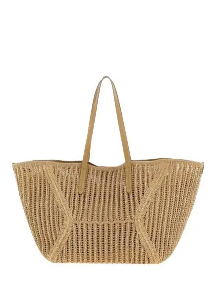 Brunello Cucinelli Bc Duo Large Woven Raffia Shoulder Bag With Leather Details - Beige