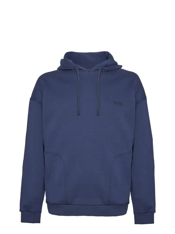 Zegna Drawstring Hoodie With Embroidered Logo - Blue