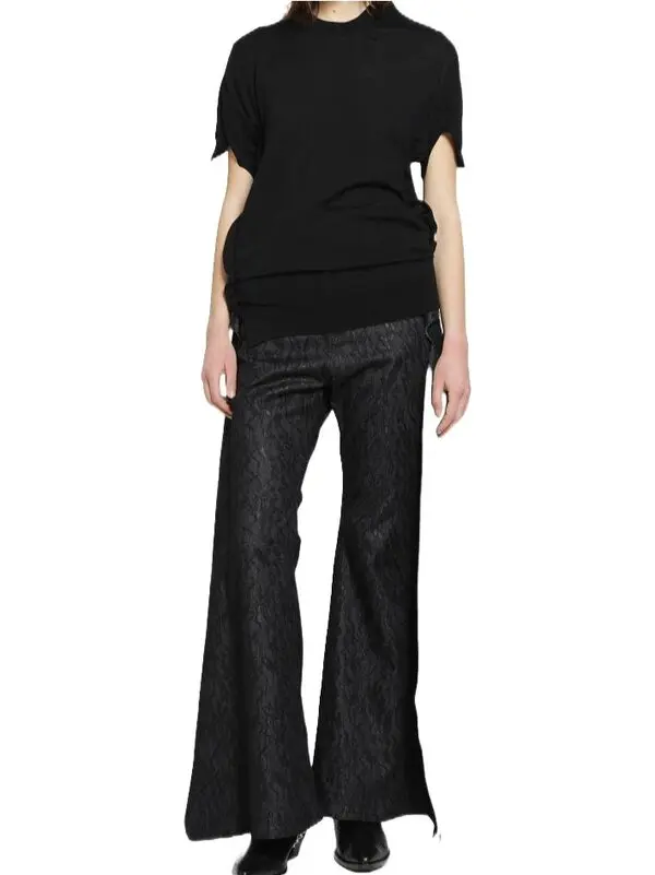 Junya Watanabe Crew Neck Short Sleeve Sweater With Ribbed Hem And Slit Cuffs - Black