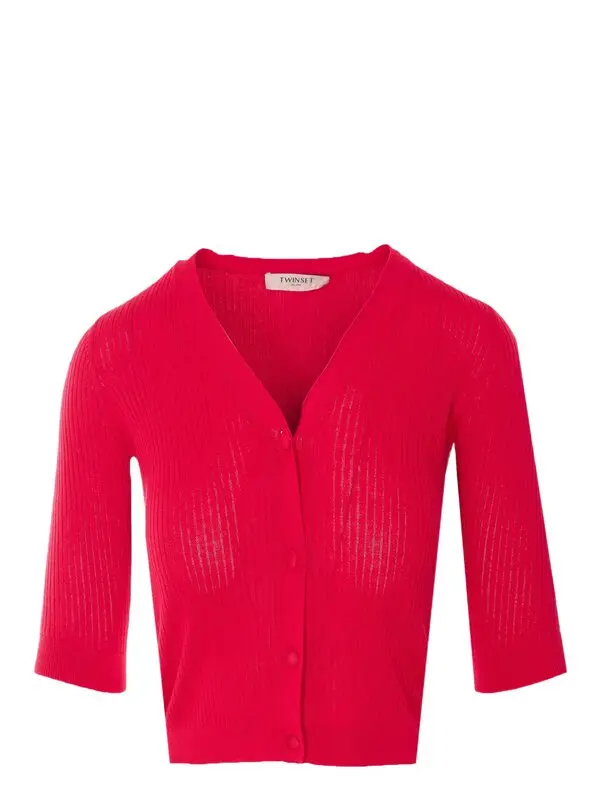 TWINSET Cropped Ribbed Cardigan With Front Button Closure - Red