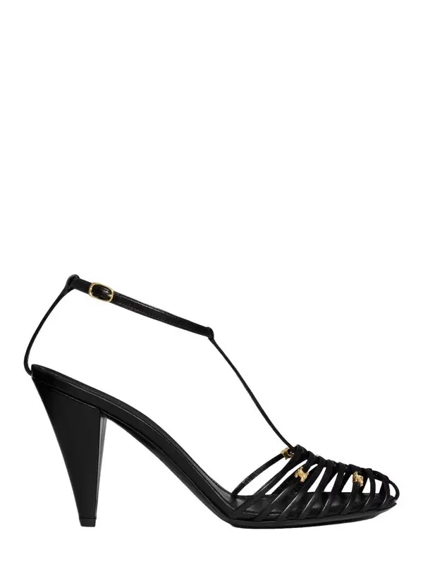 Celine Cage Heeled Sandals In Goatskin With Triomphe Logos - Black