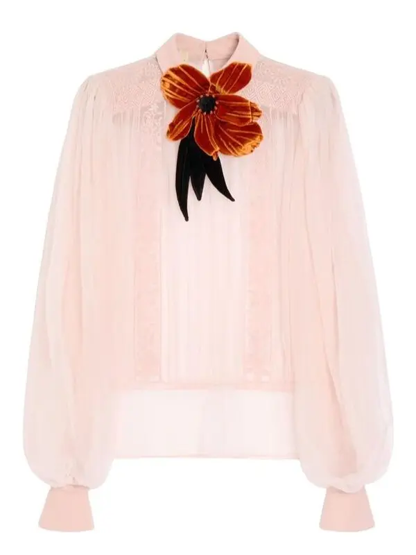 Valentino Garavani Embroidered Organza Top With Velvet Flower Applique - Pink