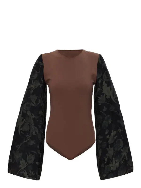 MAISON MARGIELA Flared Sleeve Bodysuit With Floral Print - Brown