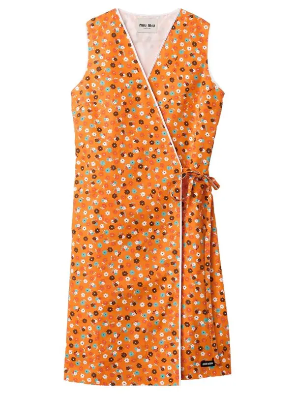 Miu Miu Floral Printed Sleeveless V-neck Midi Wrap Dress - Orange/red