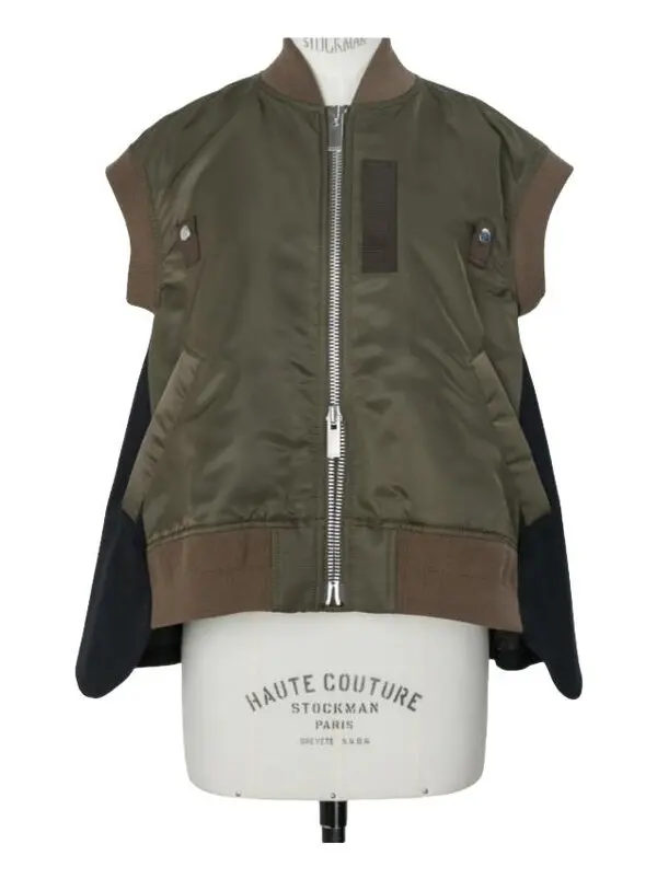 Sacai Flared Sleeveless Patchwork Jacket - Khaki  Navy Blue