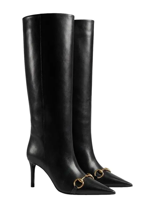 Gucci Donna Horsebit Pointed Toe Stiletto Mid Heel Boots - Black