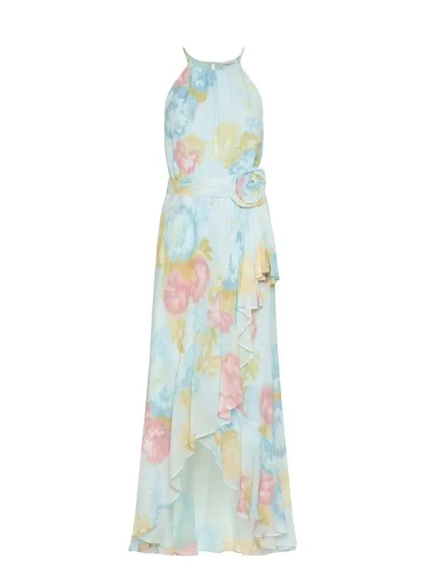 Marella Sleeveless Ruffled Halterneck Maxi Dress With Fabric Flower Detail - Turquoise