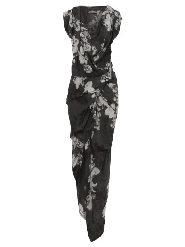 VIVIENNE WESTWOOD River Dress Floral Jacquard Draped Midi - Gray Flowers