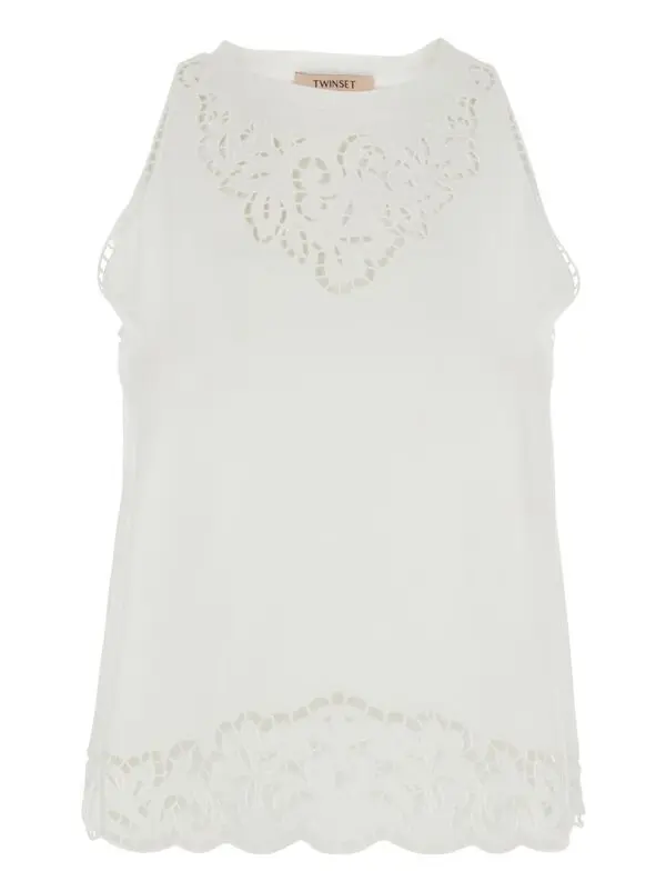 TWINSET Inlaid Embroidered Round Neck Top - White