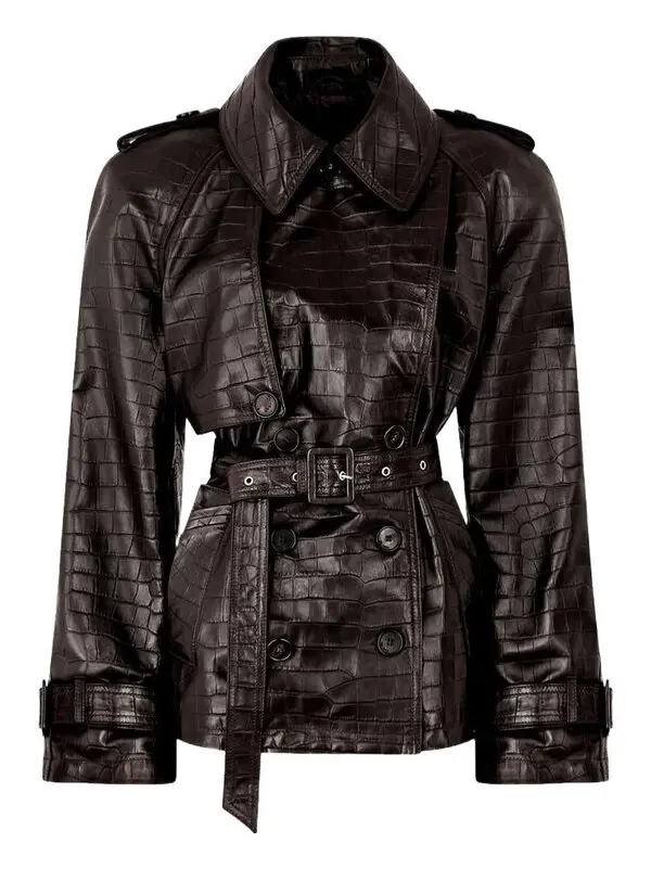 Attico Belted Crocodile-patterned Bomber Jacket - Dark Brown