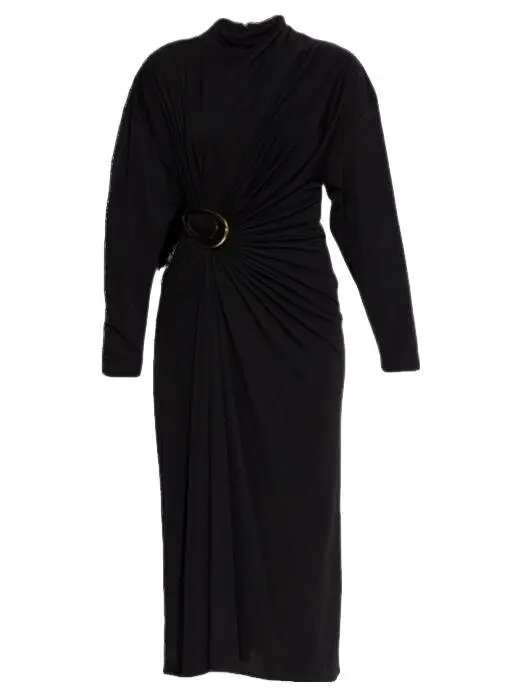 Bottega Veneta Crepe Viscose Jersey Dress With High Neck And Pleated Design - Black