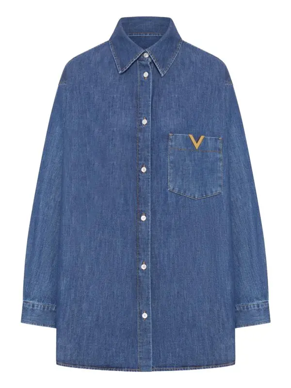 Valentino Garavani Logo Plaque Denim Button-up Shirt - Blue