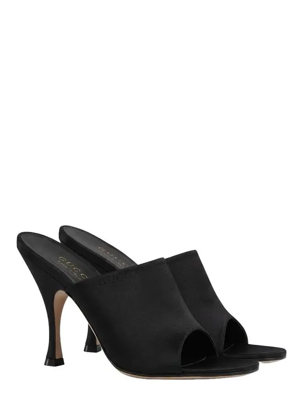 Gucci High Heel Slide Sandals With Embossed Logo - Black