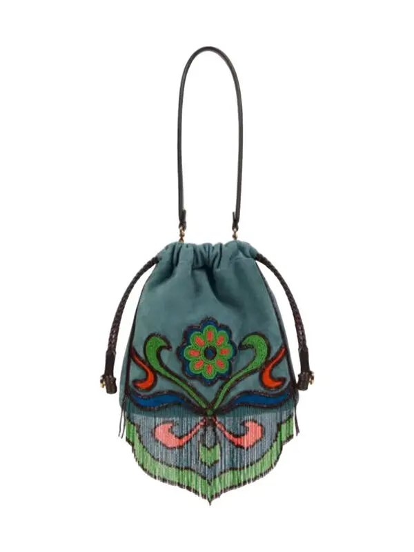 Etro Kalispera Bead And Fringe Detailed Small Bucket Bag - Green