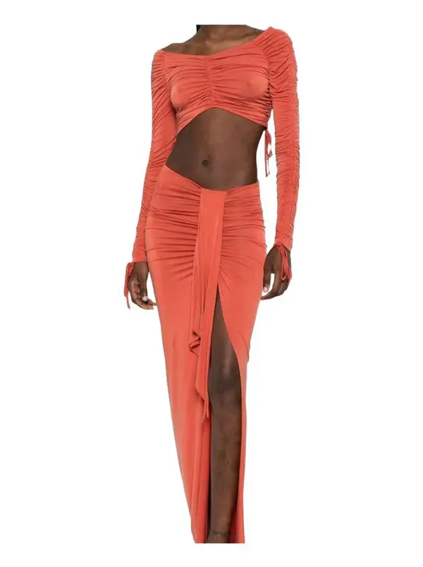 Balmain Ruched Long-sleeve Crop Top - Red