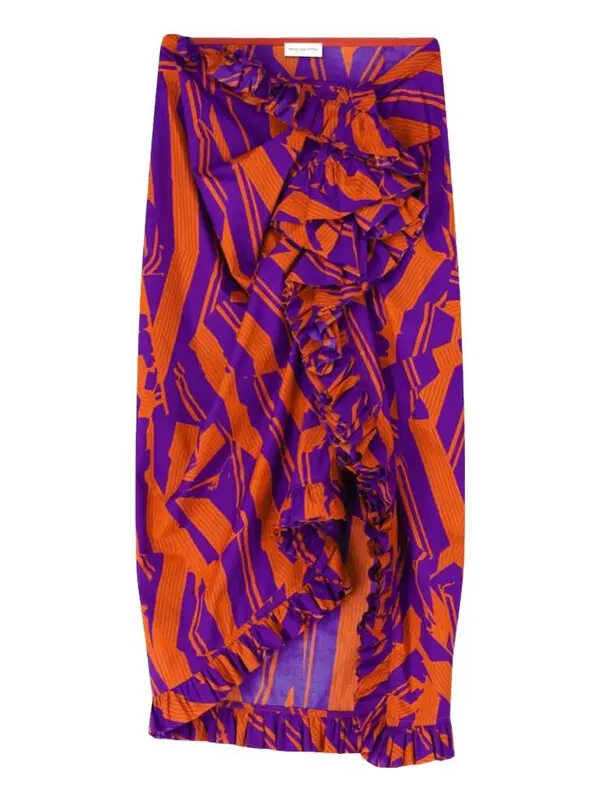Dries Van Noten Ruffled Cotton Skirt With Crushed Stripe Print - Orange