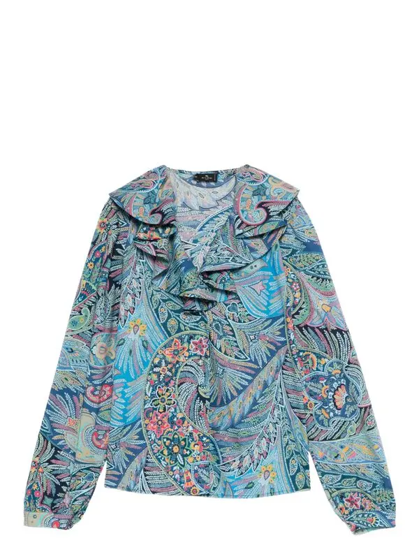 Etro Long Sleeve Printed Top With Draped Neckline - Blue