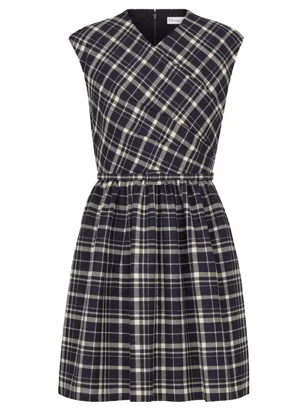 Dior Sleeveless V-neck Plaid Dress - Blue