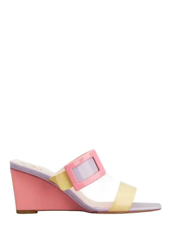 ROGER VIVIER Belle Buckle Patent Leather Wedge Sandals - Yellow, Purple, Pink