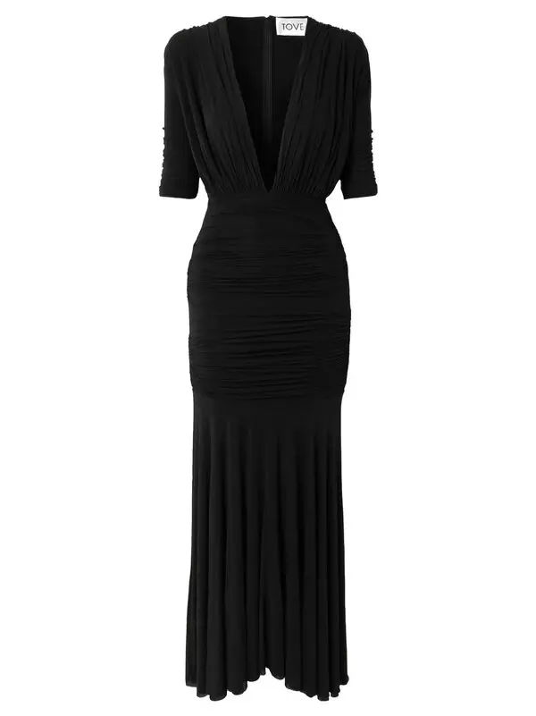 Tove V-neck Ruched Fishtail Dress - Black