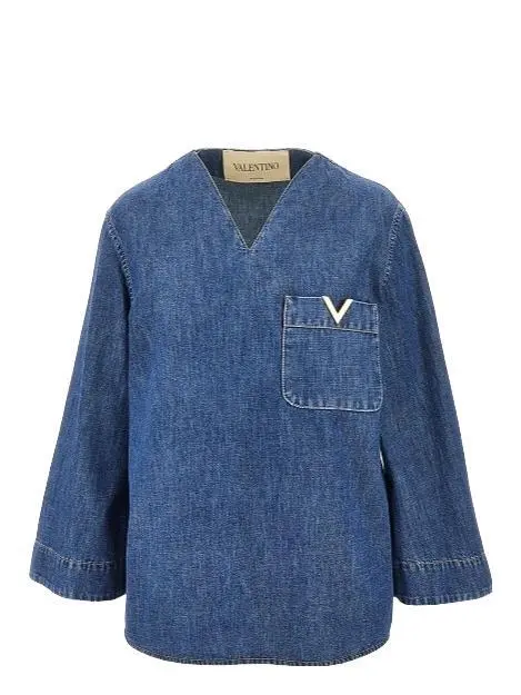 Valentino Garavani Logo Plaque V-neck Denim Blouse - Blue