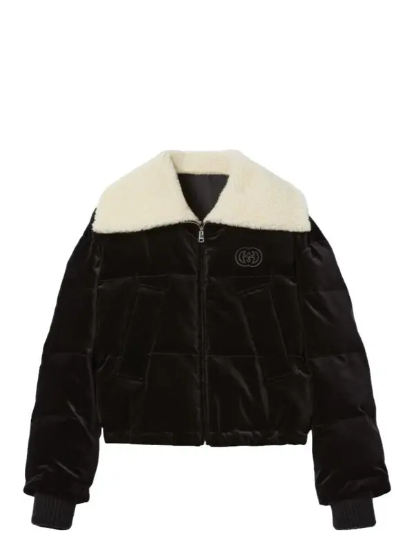 Gucci Velvet Puffer Bomber Jacket With Shearling Collar - Black