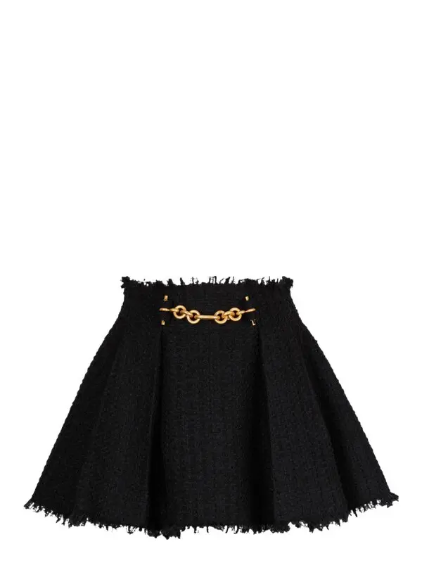 Balmain Pleated Flared Tweed Skirt With Chain Detail - Black
