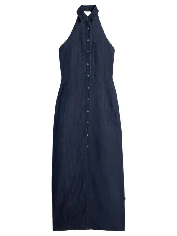 7 For All Mankind Halter Neck Maxi Dress In Indigo Linen - Dark Blue