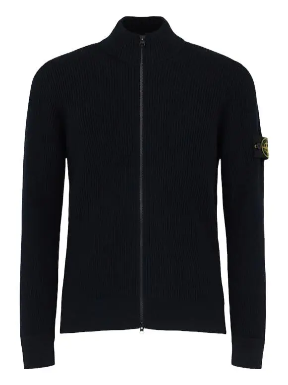 Stone Island Ribbed Wool Zip-up Cardigan With Logo Patch - Black