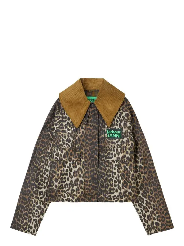 Barbour X Ganni Leopard Print Hooded Jacket With Corduroy Collar - Brown