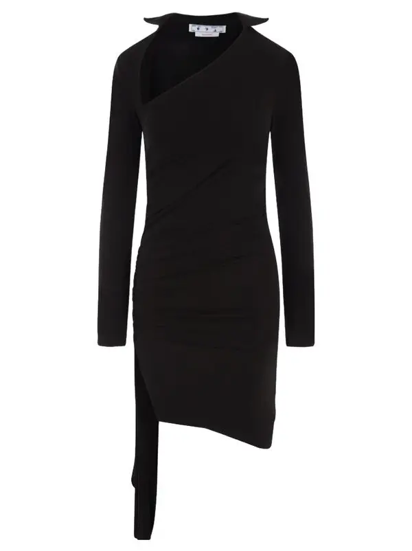 Off-White Asymmetrical Ruched Long-sleeved Mini Dress - Black