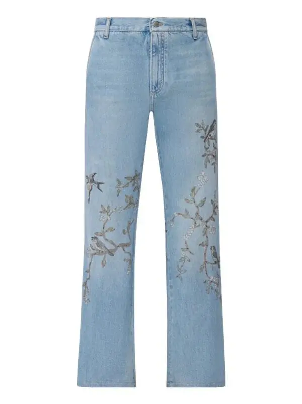 Amiri Straight-leg Jeans With Floral And Bird Embellishments - Blue