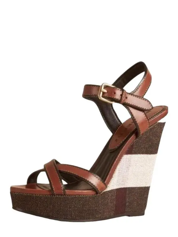 Burberry Check Buckle Wedge Sandals - Brown