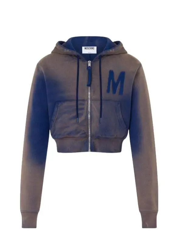 Moschino Printed Cropped Zippered Hoodie - Black