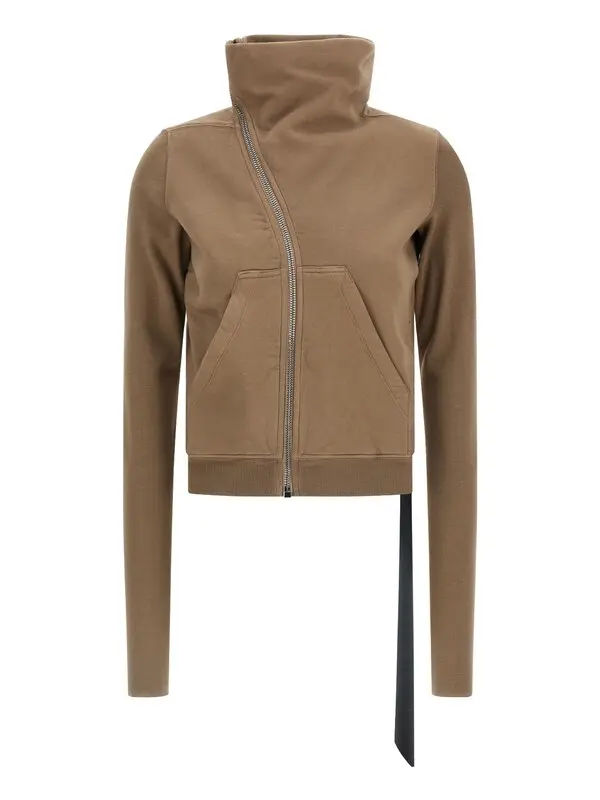 Rick Owens Cropped Sweatshirt With Foldable Turtleneck And Asymmetrical Zipper - Brown