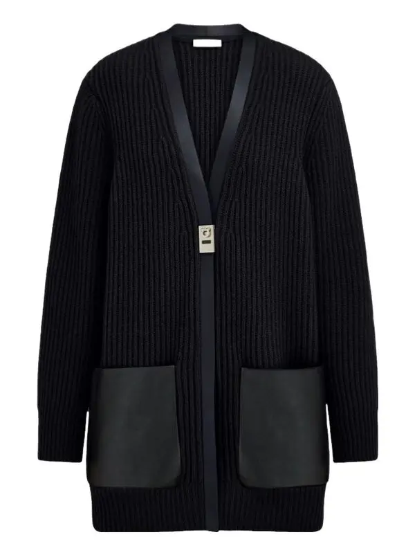 FERRAGAMO Ribbed V-neck Cardigan With Leather Trim And Pockets - Black