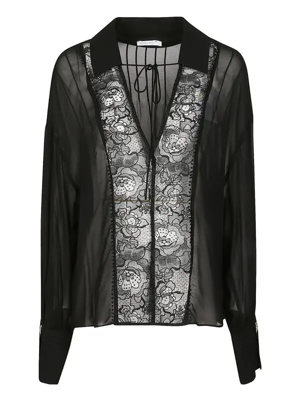 Patrizia Pepe Sheer Lace Panel V-neck Shirt - Black