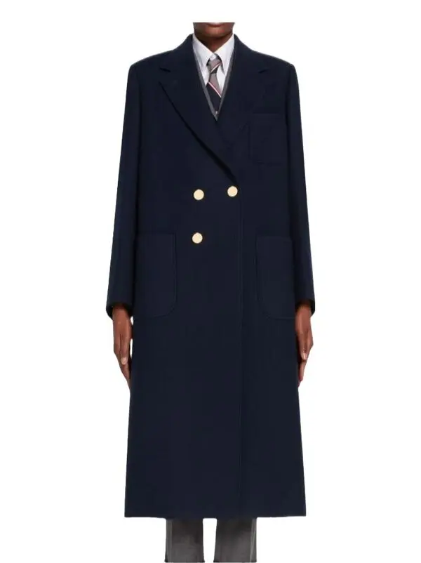 Thom Browne Double-breasted Overcoat With Striped Trim - Navy Blue