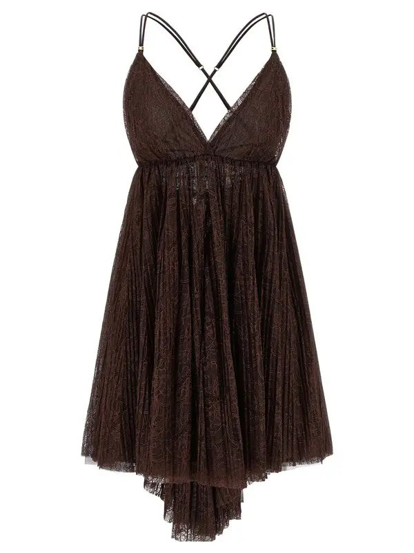 Elisabetta Franchi Pleated Lace Mini Dress - Brown