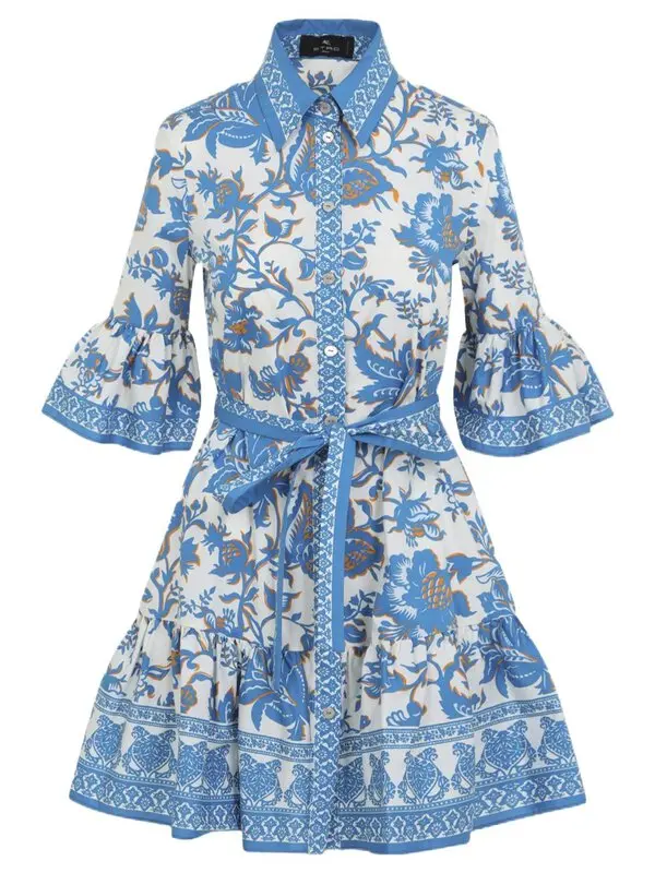 Etro Floral Print Belted Shirt Dress - Multicolored White