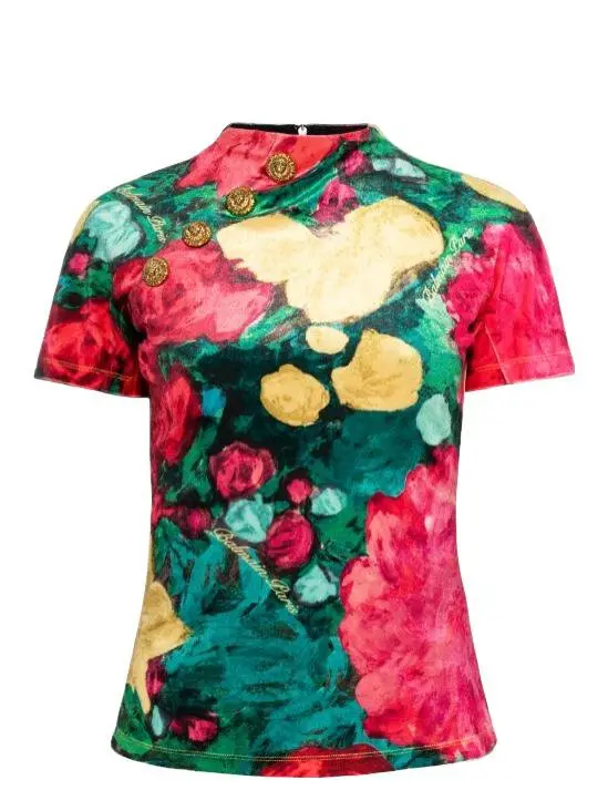 Balmain Floral Print Short Sleeve T-shirt - Multicolor