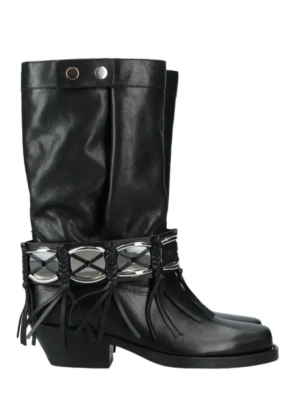 Isabel Marant Étoile Square Toe Block Heel Fringe Trim Boots - Black