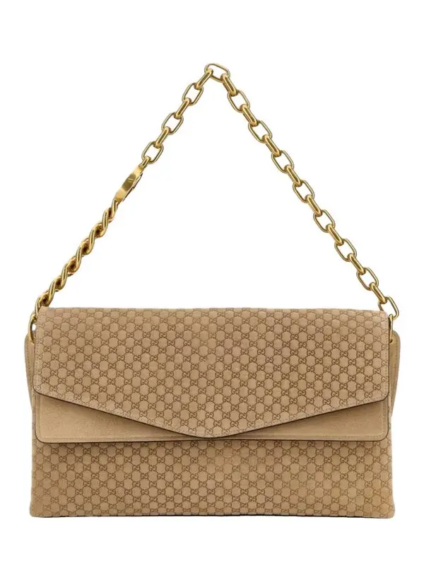 Gucci Monogrammed Clutch With Chain And Leather Straps - Beige