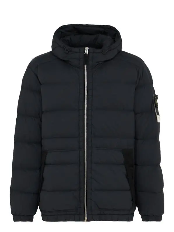 Stone Island Nylon Down Jacket With Hood And Logo Patch - Black