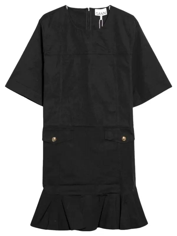 GANNI Stretch Cotton Mini Dress With Flap Pockets And Ruffled Hem - Black